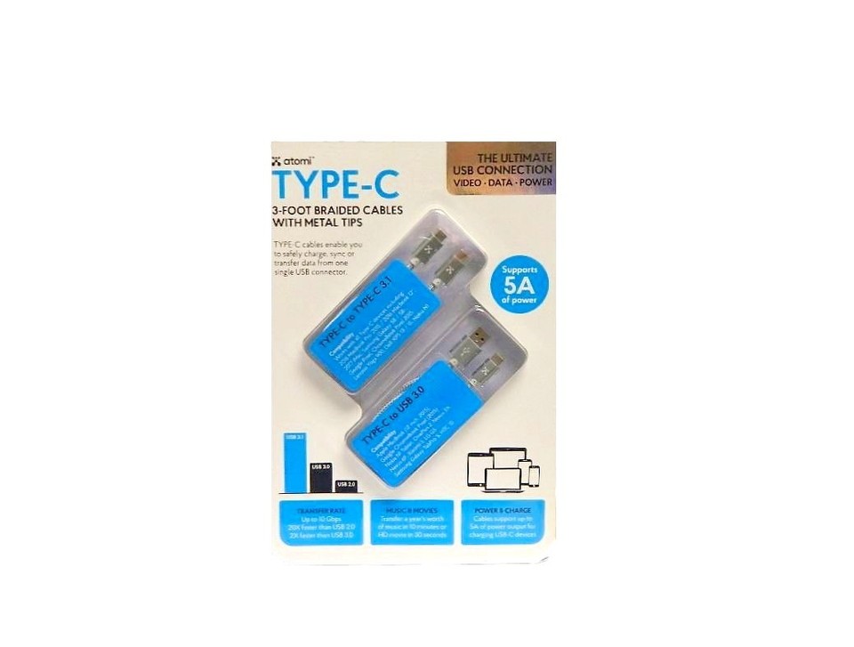 Atomi Type C Braided USB Cables 2Pk Type-C to USB 3.0 Type-C to Type-C ...