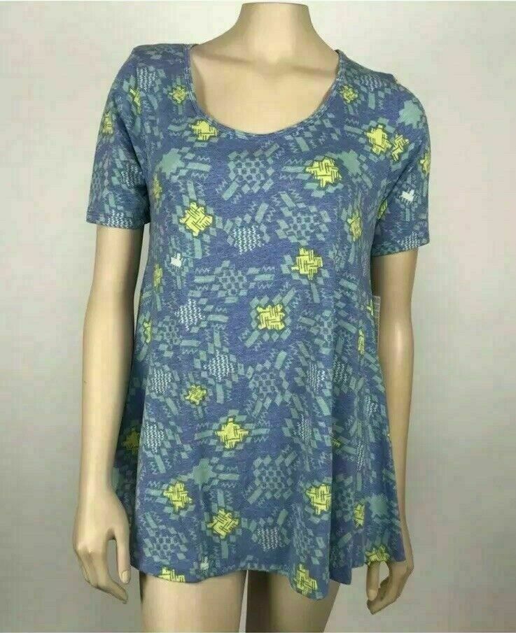 Lularoe Perfect T Top Women's Size Small Blue Yellow Geometric Stretch ...
