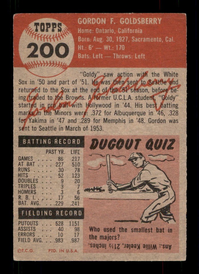 1953 Topps Gordon Goldsberry #200 GD Baseball Card | eBay
