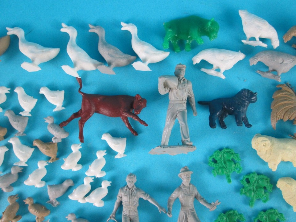 Vintage Plastic Farm Animals Mix Lot~Cows Ducks Sheep Goats Birds Marx ...