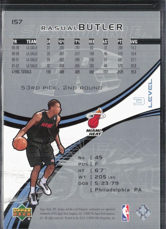 2002-03 Upper Deck SPx #157 Rasual Butler #/2999 Rookie Miami Heat RC ...