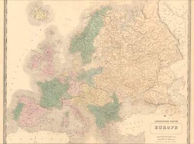 1845 Europe map by A.K. Johnston ~ 25.8" x 21.2" Antique Pastel Color ...