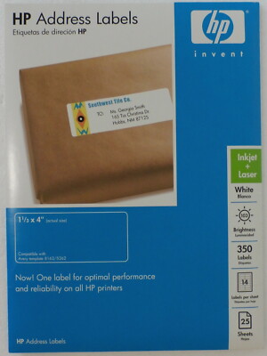 HP Address Labels Inkjet & Laser 1 1/3" x 4" 350 Labels 103 Brightness ...