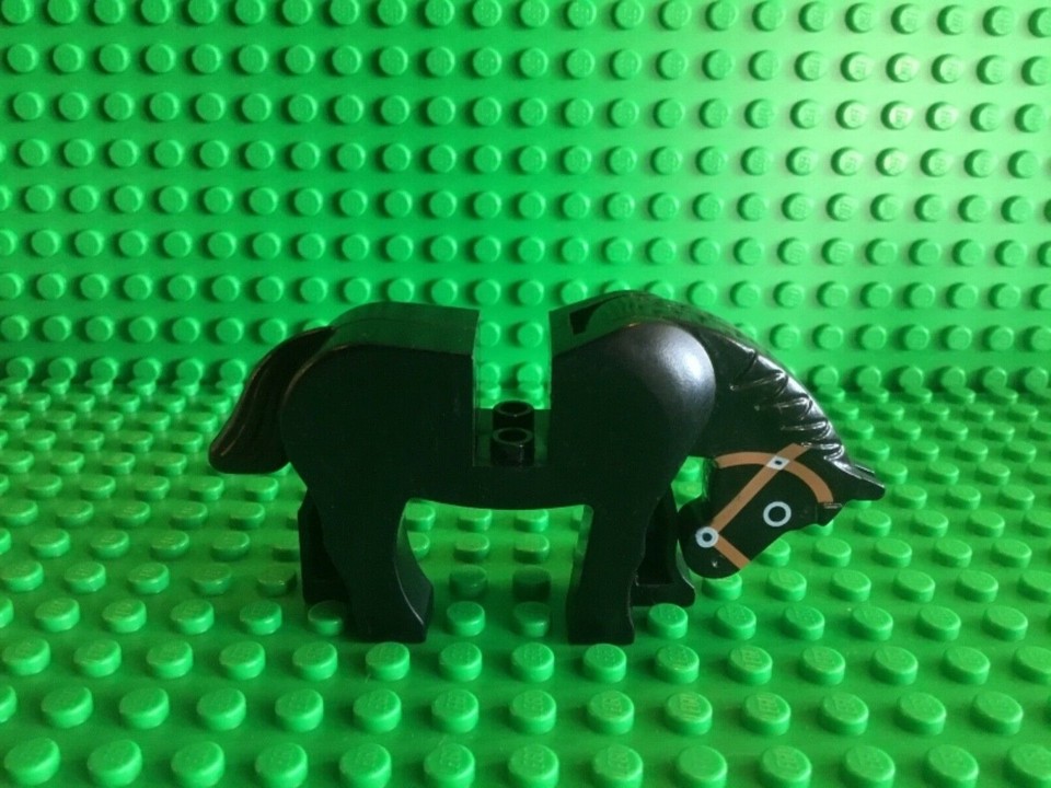 LEGO - mini figure - BLACK HORSE - brown bridle - white eye - movable ...