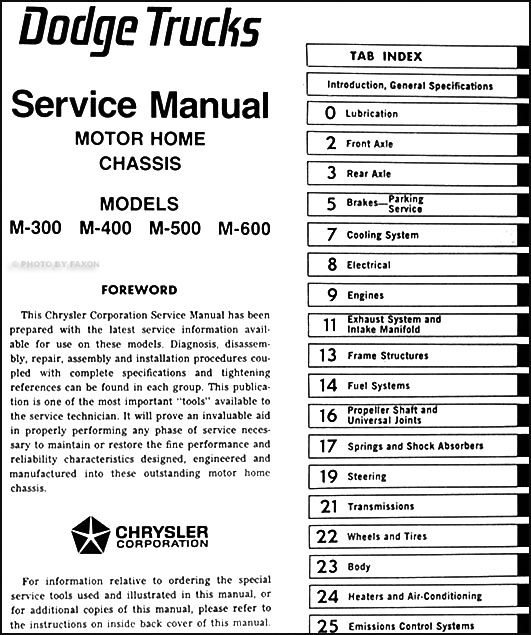 1978-1979 Dodge Motor Home Shop Manual Motorhome Service M300 M400 M500 ...