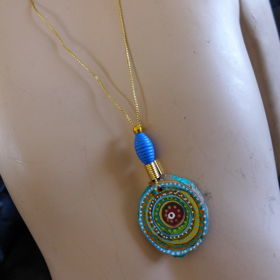 Handmade Necklace Art Wooden Painted Round Mandella with Beads Gold ...