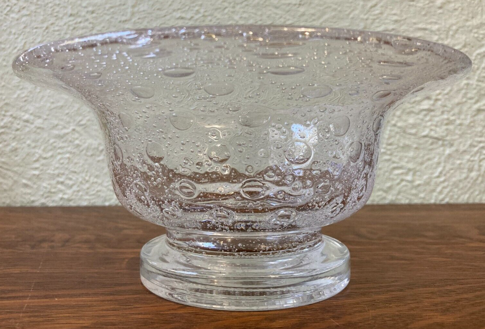 Art Glass Hand-Blown Clear Footed Bowl with Bubbles Ground & Polished ...