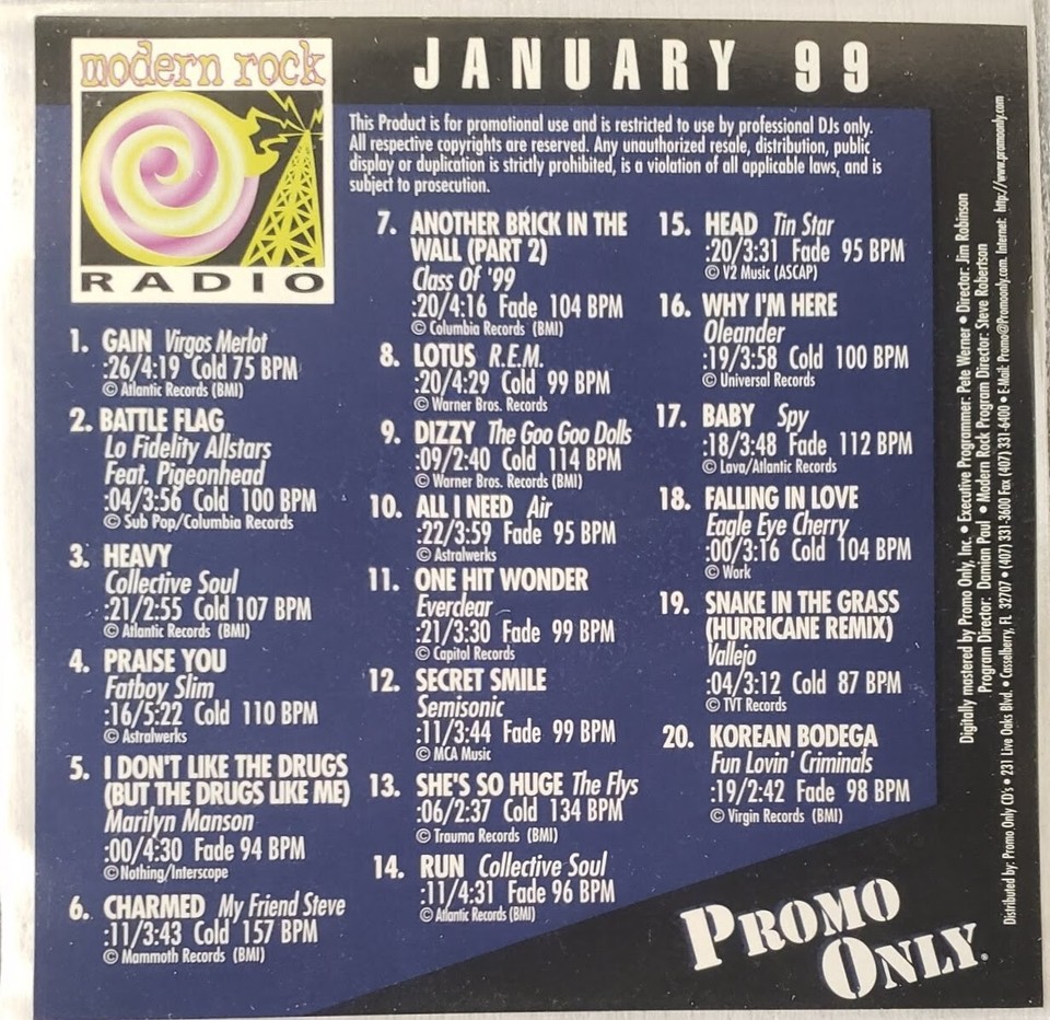 Promo Only CD - January 1999 - Modern Rock Series - Promotional CD for ...