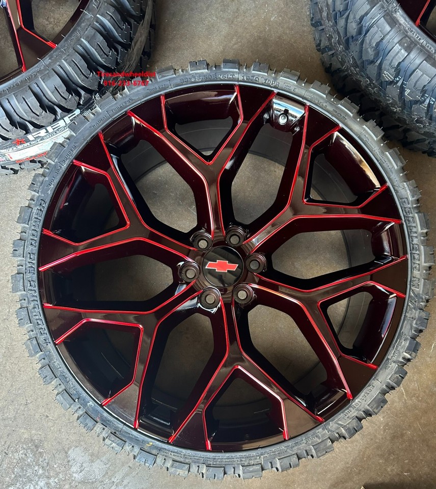 26'' Snowflake Black Red Milled Wheels 33'' MT Tires fit Sierra ...