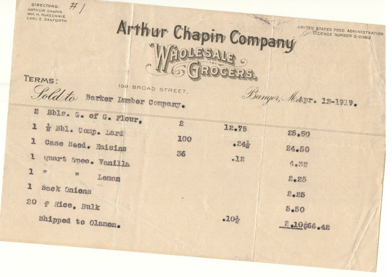 1919 Arthur Chapin Company Wholesale Grocers Invoice Letterhead Bangor ...