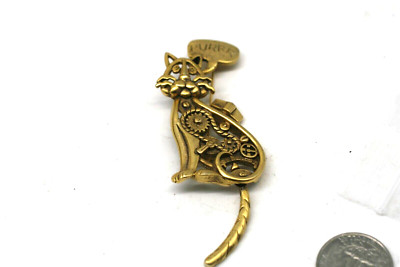 Vintage Danecraft Purr Cat Wind Up Gear Themed Matte Gold Tone Pin ...