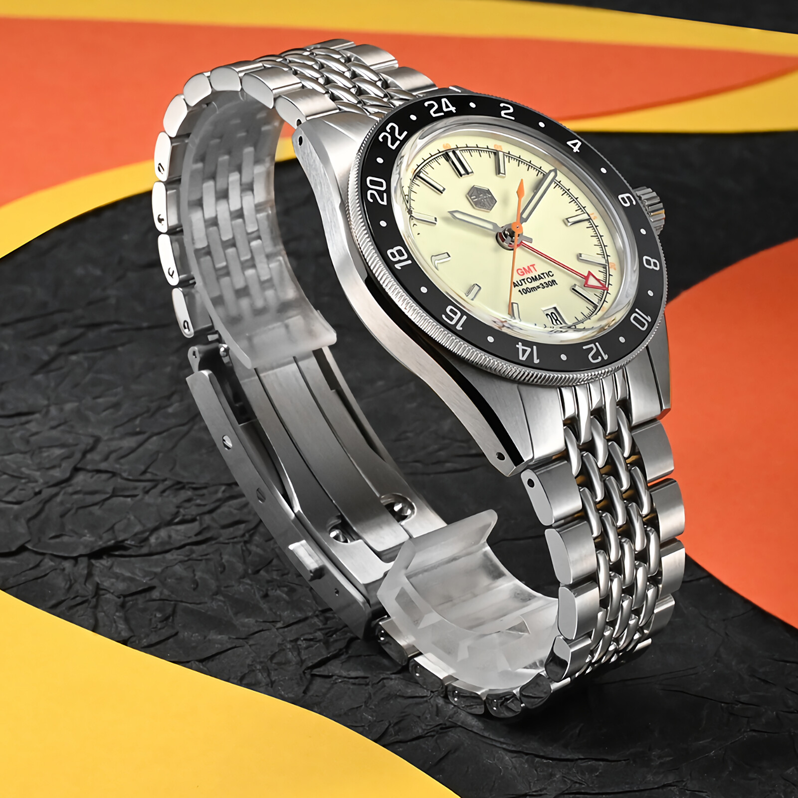 SAN MARTIN SN0116-LUM GMT Full Lume Automatic Stainless Steel 39.5mm ...