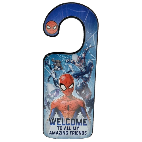 Marvel Spiderman Door Sign Knob Hanger Wood Welcome Friends Go Away ...