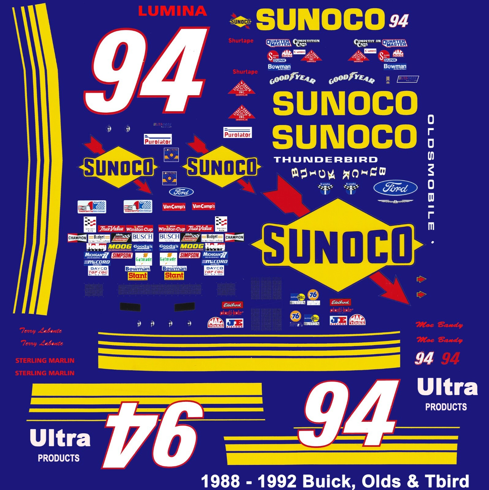#94 Terry Labonte Sunoco Olds 1988-92 1/24th Scale Nascar Waterslide ...