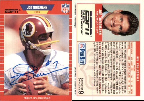 Joe Theismann Signed 1989 Pro Set #9 Card Washington Redskins Auto ...