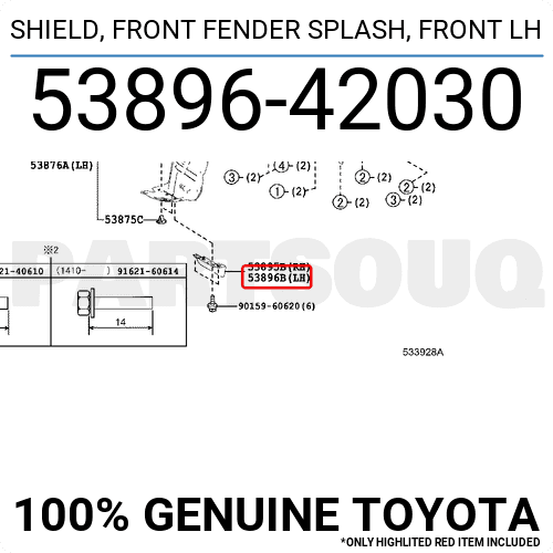 5389642030 Genuine Toyota SHIELD, FRONT FENDER SPLASH, FRONT LH 53896 ...