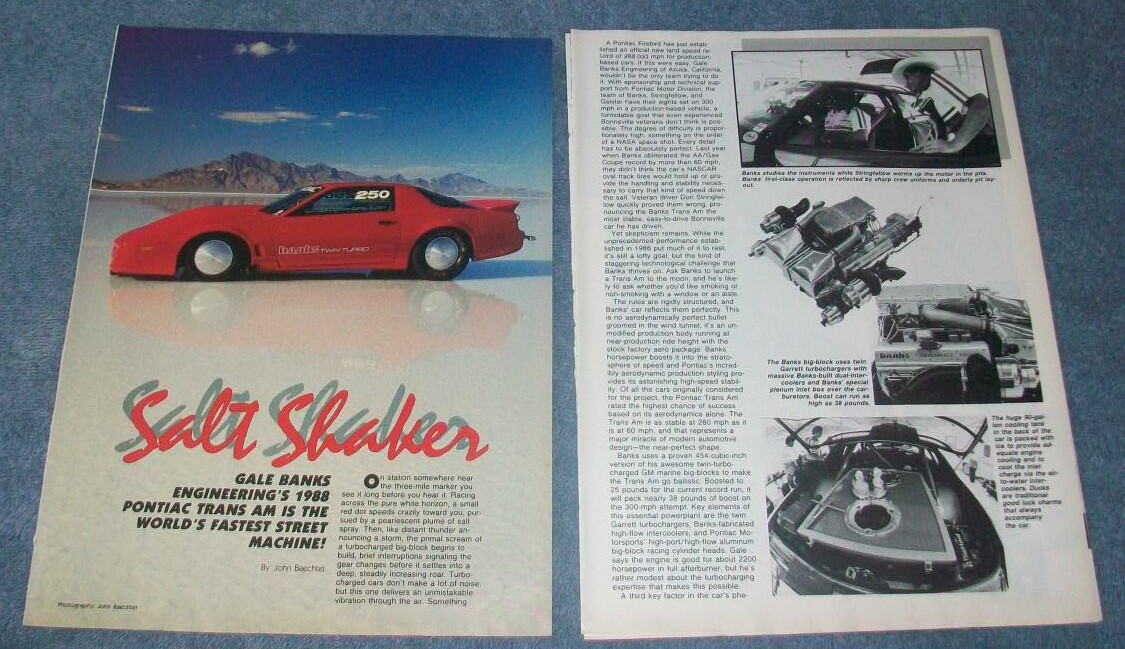 Gale Banks Twin Turbo 1988 Pontiac Trans Am Bonneville Article "Salt ...