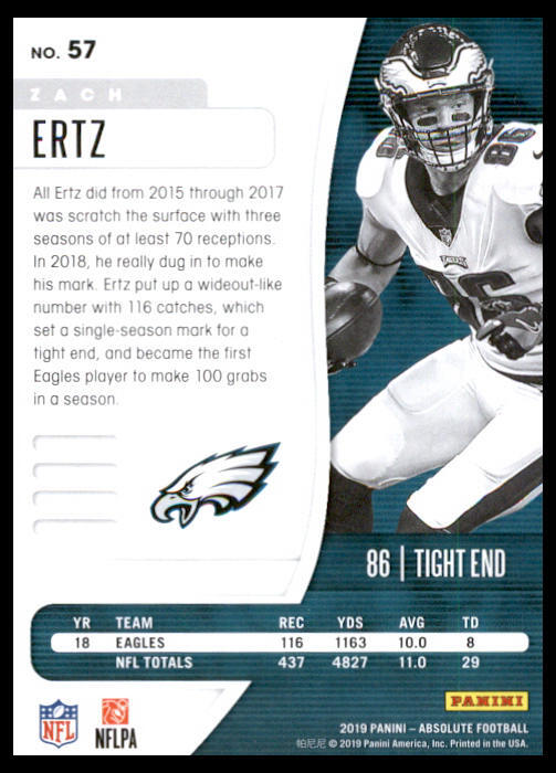 2019 Panini Absolute #57 Zach Ertz Philadelphia Eagles | eBay