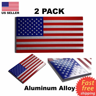 (2 Pack) TWO Aluminum USA American Flag Metal Emblem Sticker Decal Car ...