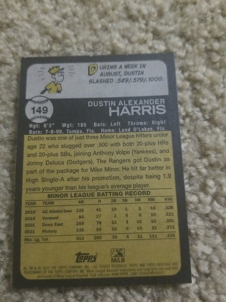DUSTIN HARRIS 2022 TOPPS HERITAGE CARD #149 RANGERS/CRAWDADS (MINOR ...