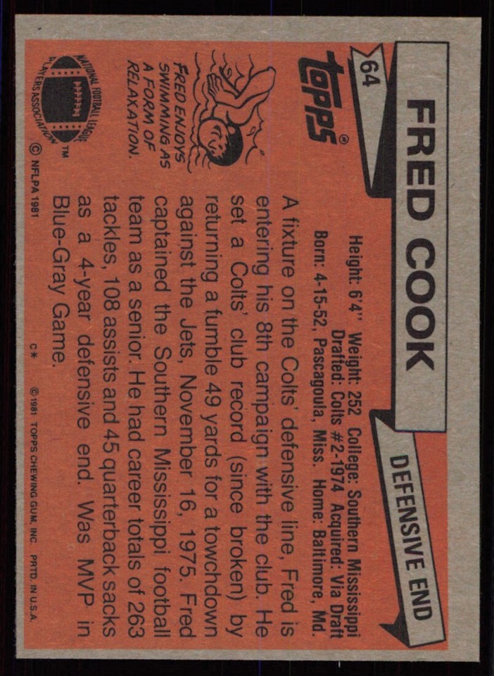 1981 Topps Fred Cook Baltimore Colts #64 | eBay