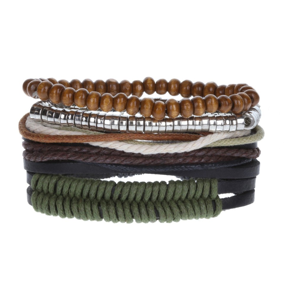 Mens Leather Bracelet Surfer Wide Multi Row Layer Stack Wristband Wrap ...