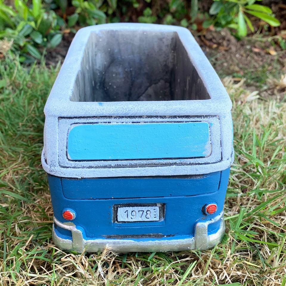 Blue VW Campervan Planter Cement Home Garden Plant Flower Seed Herb Pot ...