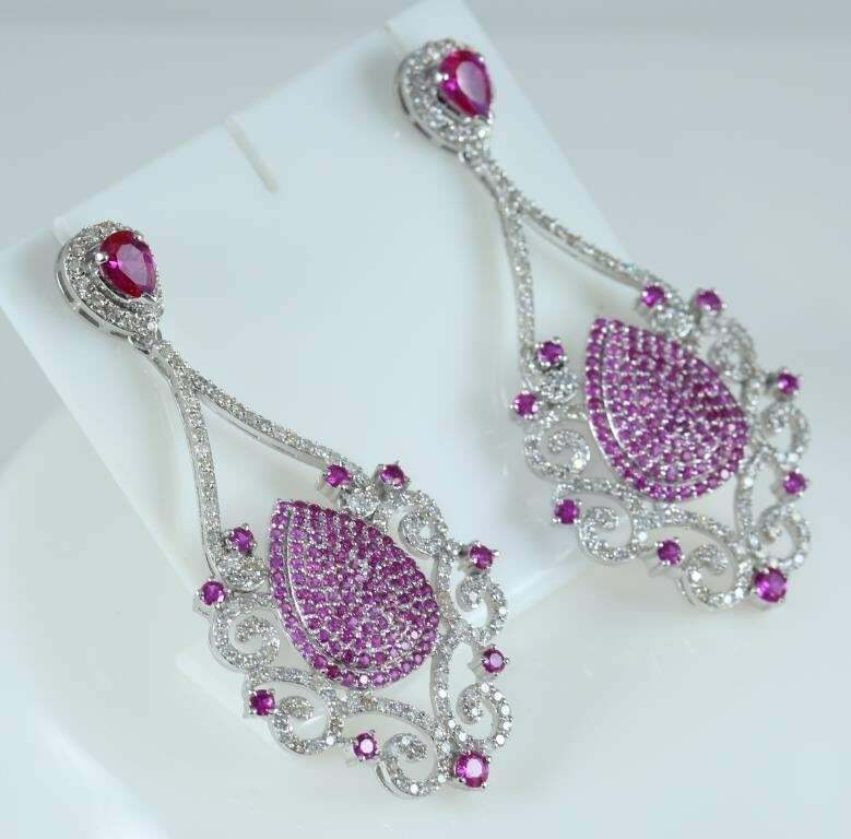 Genuine Chandelier Fine Pink Rubies With Shiny White CZ Wedding Women's ...