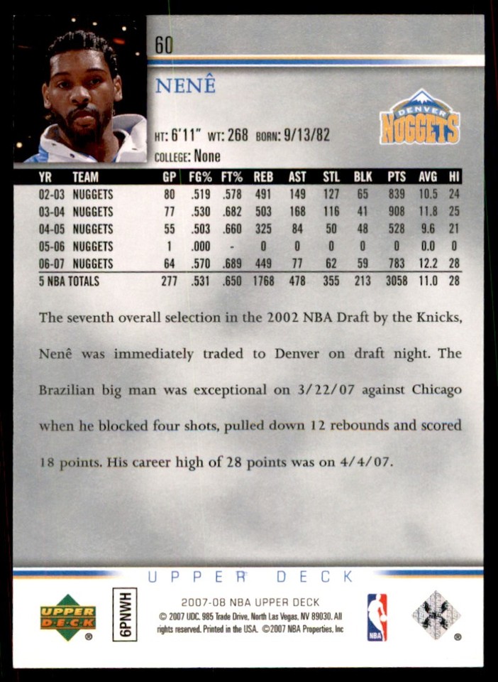 2007-08 Upper Deck Nene B Basketball Cards #60 | eBay