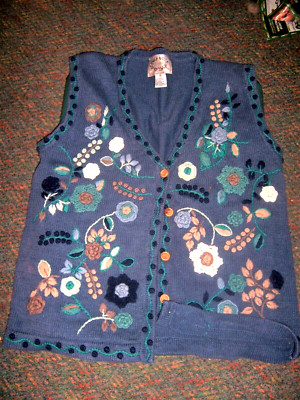 ERIKA Slate Blue Raised Floral Design b/d Sweater Vest - SIZE MEDIUM | eBay