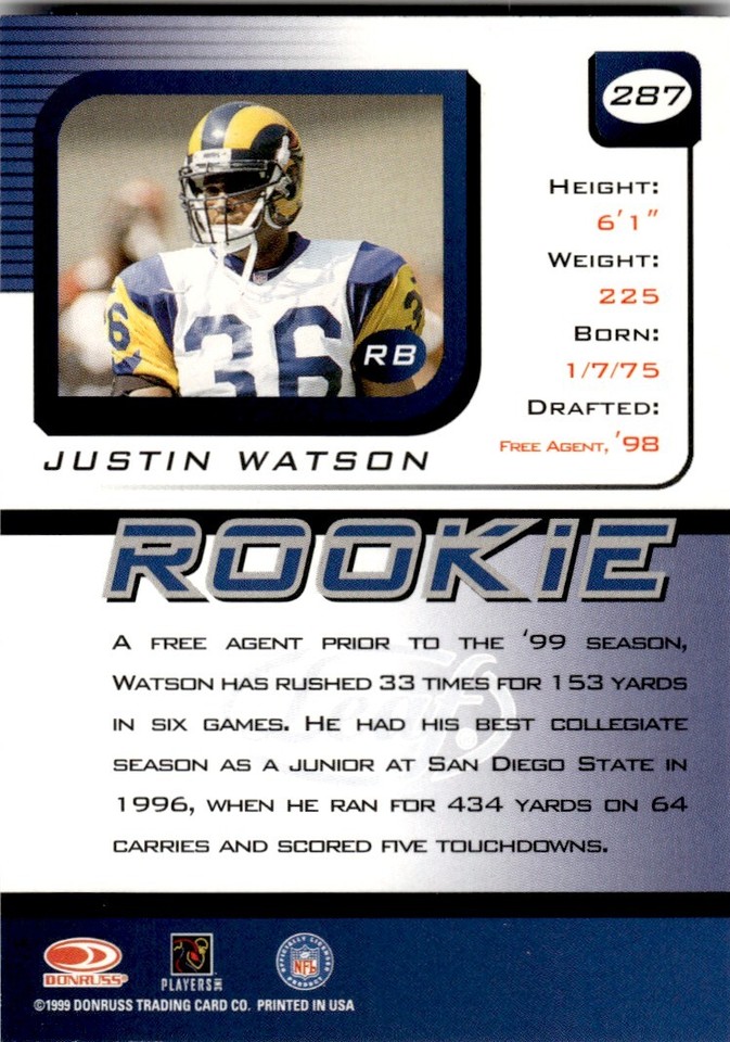 1999 Leaf Rookies & Stars Justin Watson Rookie St. Louis Rams #287 | eBay
