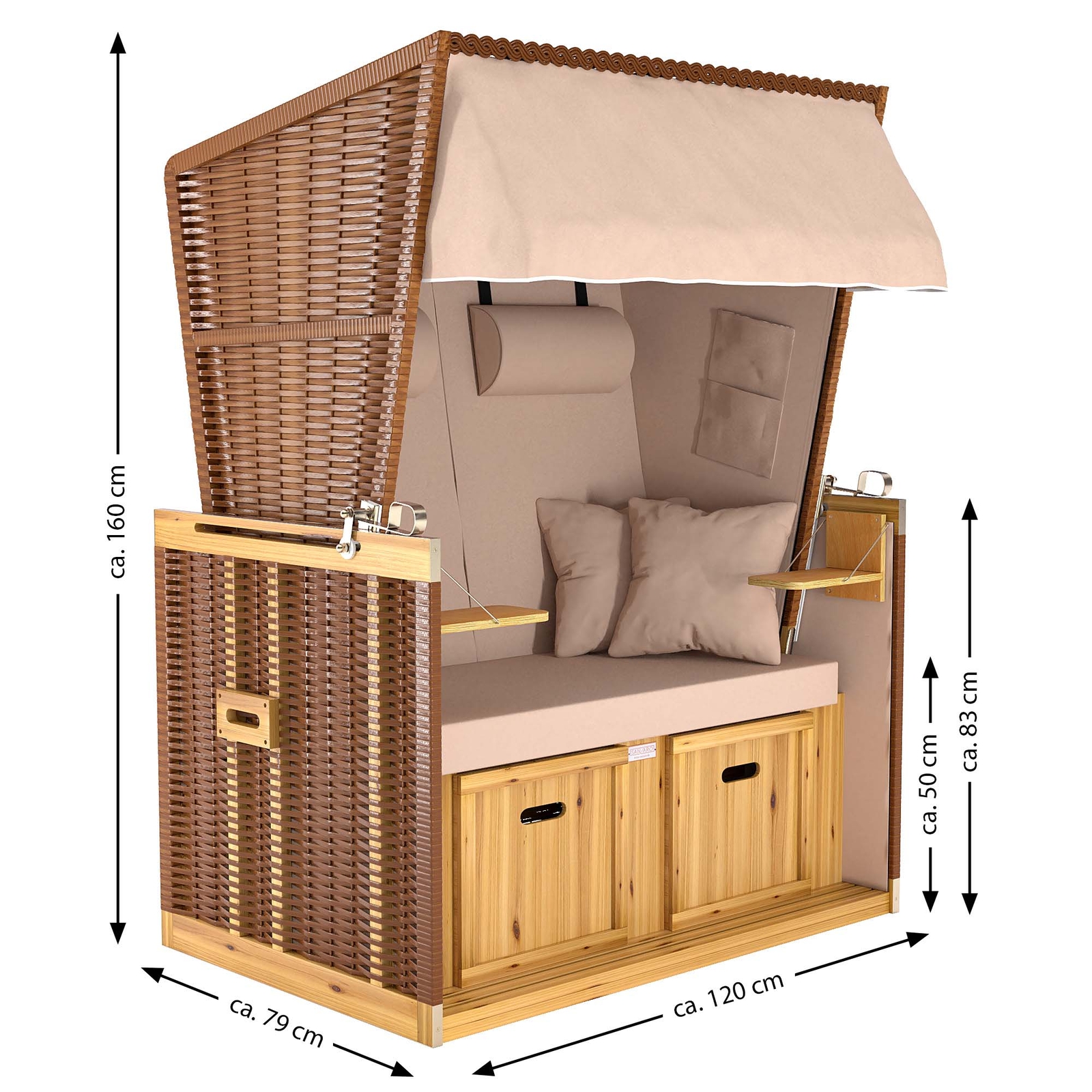 SANZARO Strandkorb XL 120 cm Zweisitzer Holz Polyrattan Volllieger ...