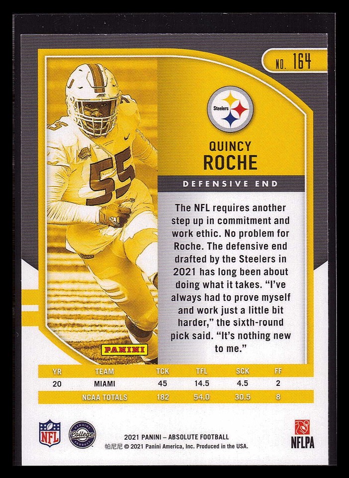 2021 Panini Absolute Football Quincy Roche Rookie Card Pittsburgh ...