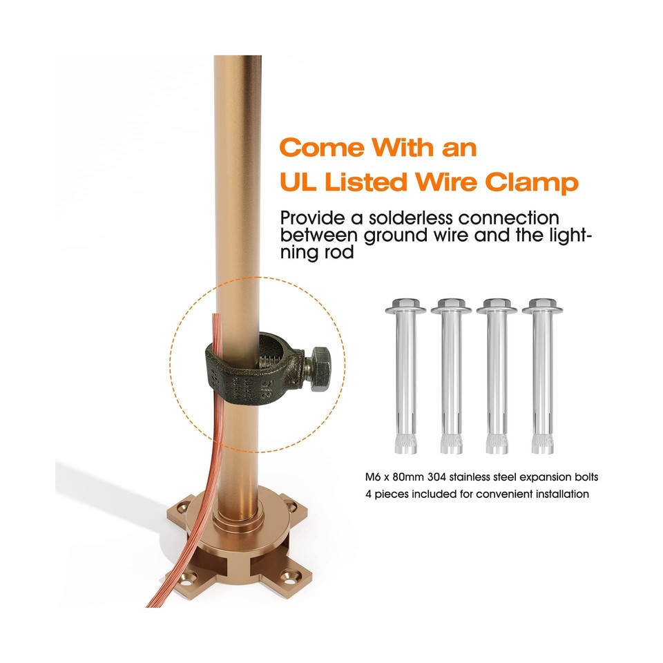 Copper Lightning Rod Kit with Down Conductor Clamp UL Listed for Roof ...