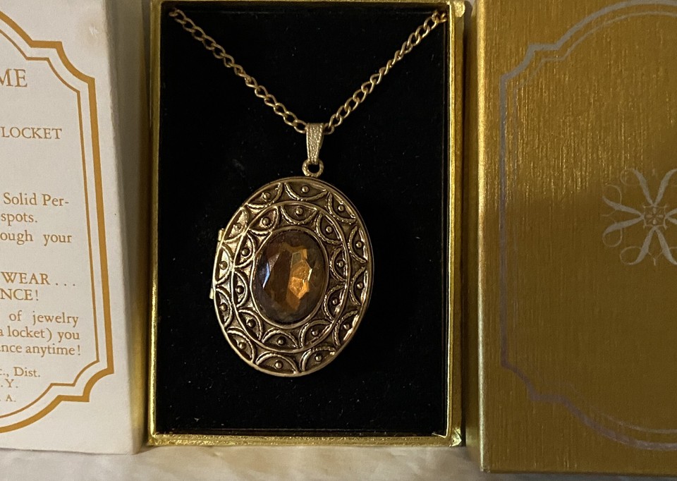 Avon Gold Tone Simulated Topaz Oval Locket Pendant Brooch Necklace 26 ...