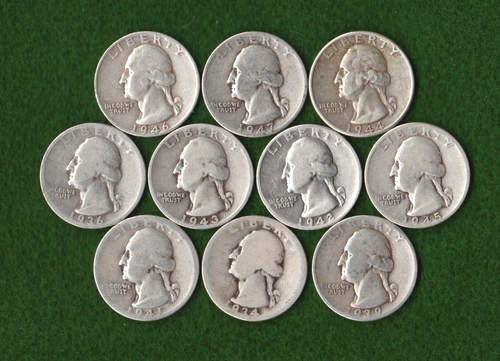 1934 - 1947 lot of 10 90% silver Washington Quarters Different Early ...