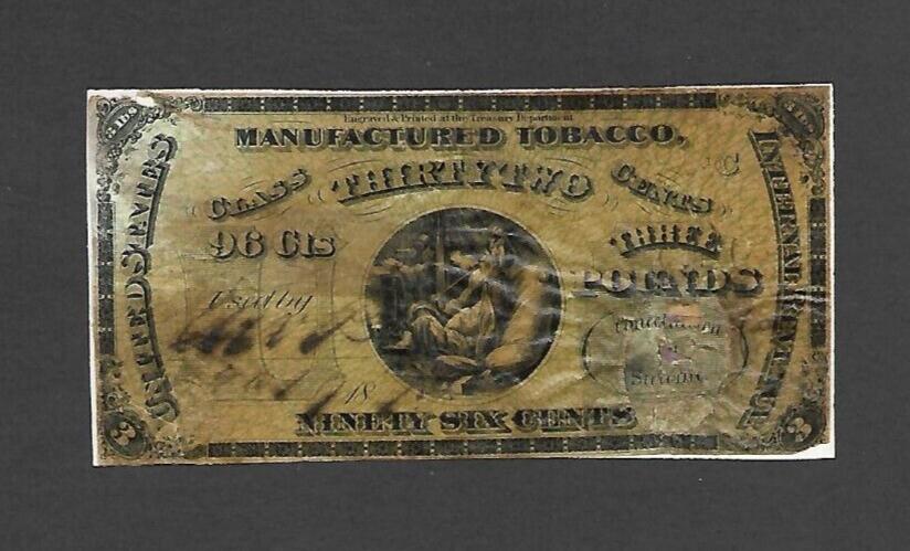 U.S. 1869 REVENUE TAX PAID STAMP FOR 3 POUNDS TOBACCO, # TF20 SMOKING ...