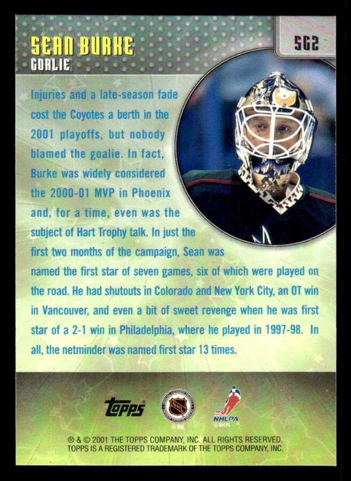 2001 TOPPS SEAN BURKE SG2 MINT STARS OF THE GAME HOCKEY PHOENIX COYOTES ...