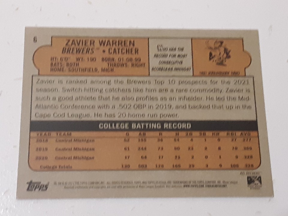 Zavier Warren Milwaukee Brewers 2021 Topps Heritage Autograph Card #6 ...