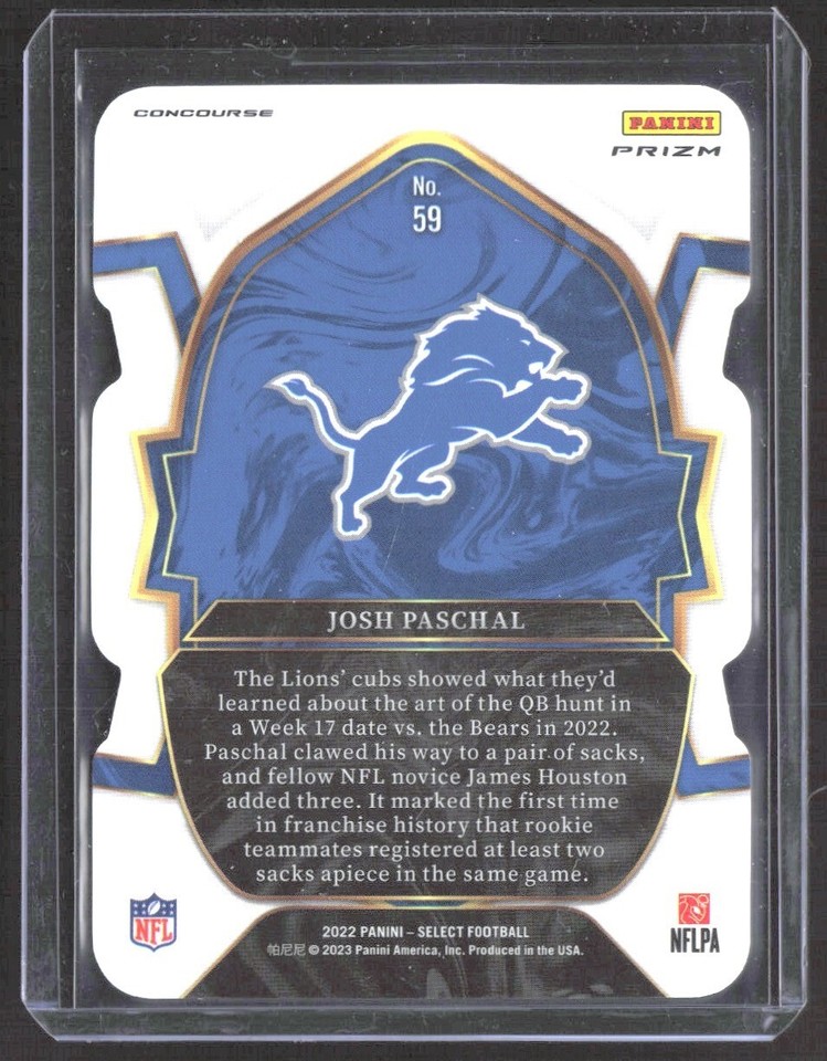 2022 Panini Select Black/Green Josh Paschal Rookie Detroit Lions #59 ...