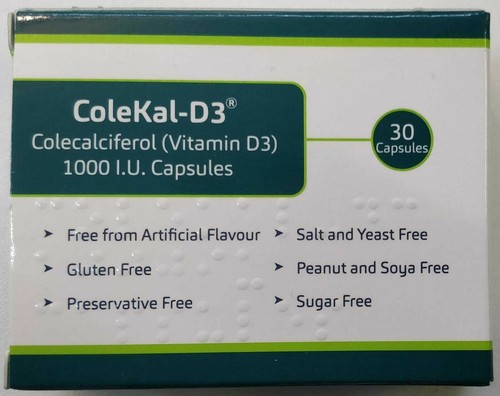 ColeKal-D3 Colecalciferol Vitamin D3 1000 IU (30 CAPSULES) SUGAR/GLUTEN ...