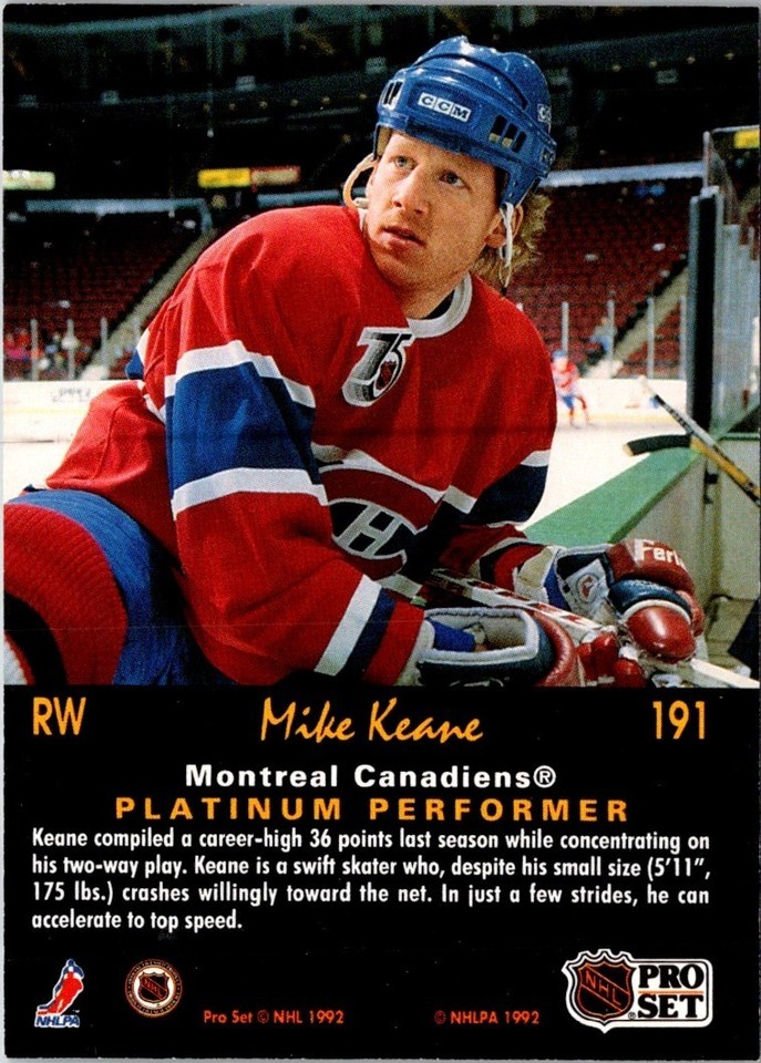 1991 Pro Set Platinum Mike Keane #191 Montreal Canadiens Hockey Card | eBay