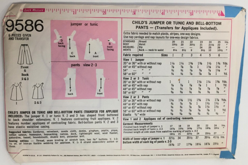 70s Simplicity Pattern 9586 Child's Jumper or Tunic and Bell Bottom ...