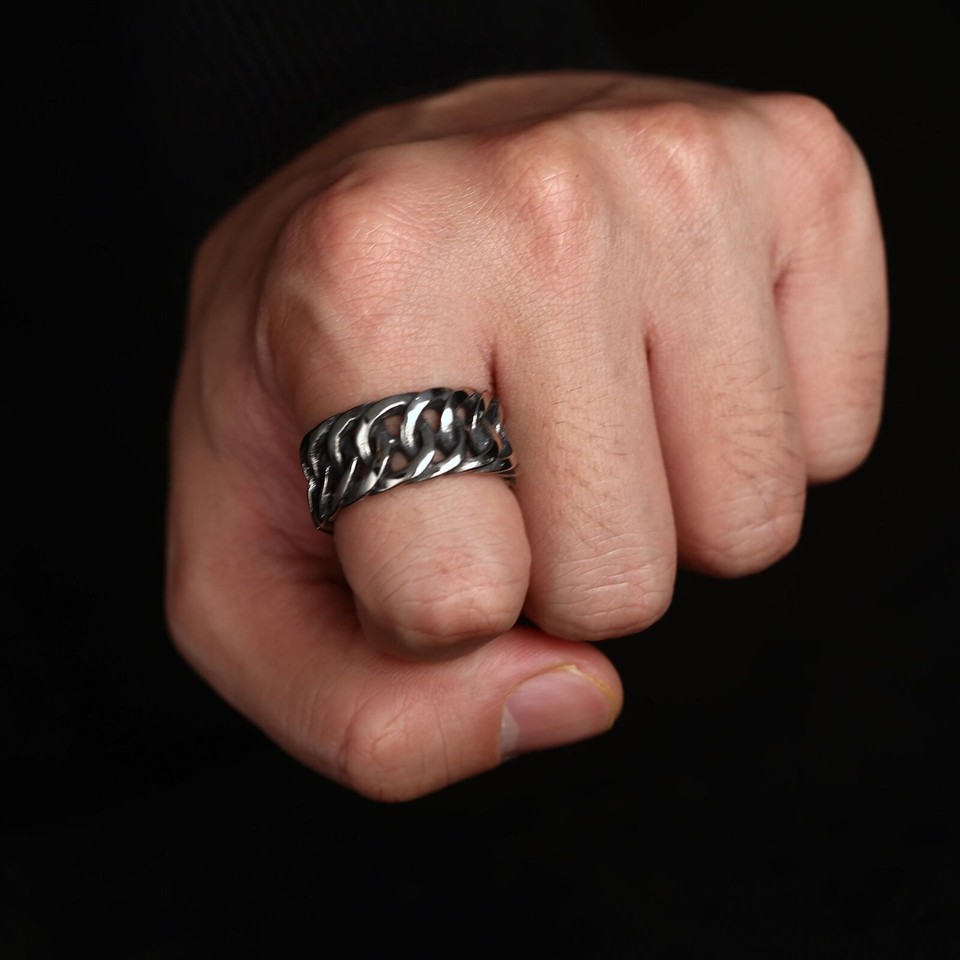 Classic Men's Curb Chain Wedding Ring Stainless Steel Biker Braided ...