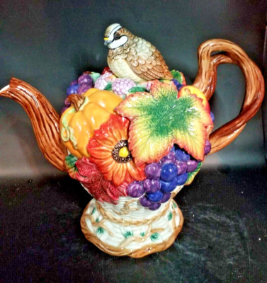 New - Fitz & Floyd Autumn Bounty Teapot Quail Lid Majolica Like | eBay