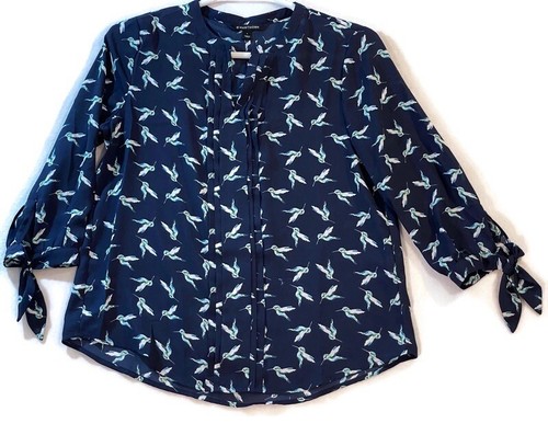 41 HAWTHORN Blue Hummingbird Print Blouse with Tie Cuffs Women’s Size L ...