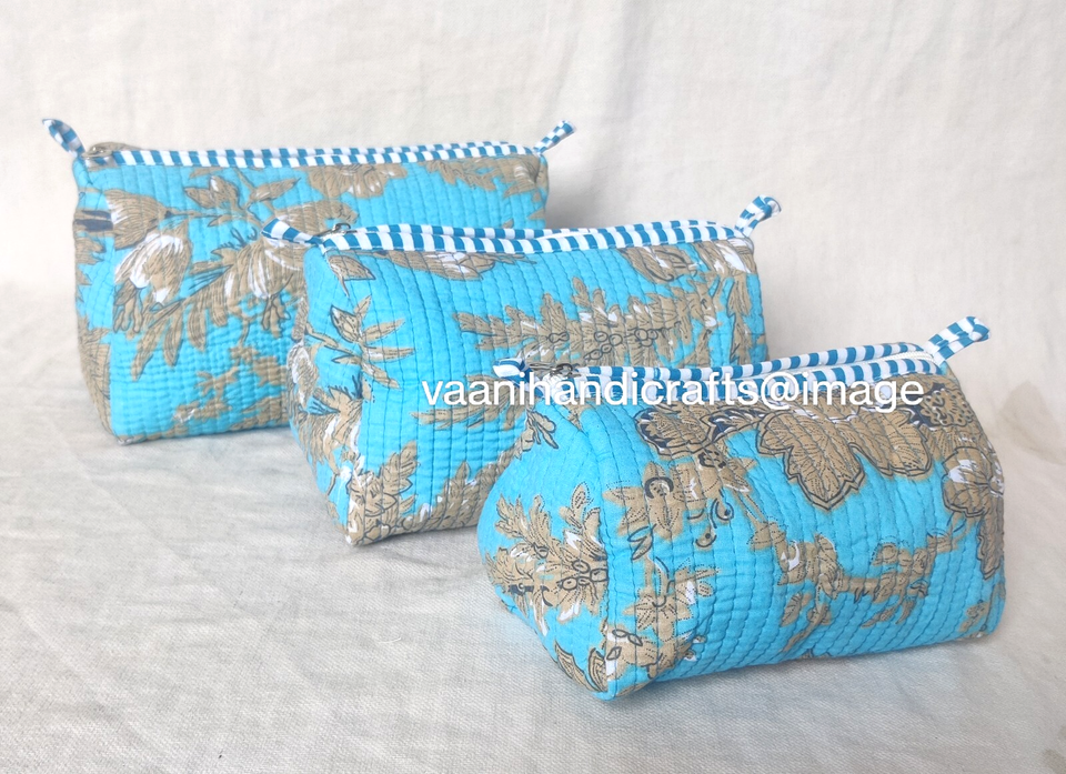 3 Pcs. Unisex Makeup Cosmetic Bag Blue Color Purse Quilted Cotton Bags ...