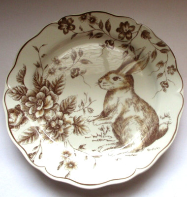 Set of 4 Maxcera Bunny Rabbit Floral Toile BROWN Scalloped SALAD Plates ...