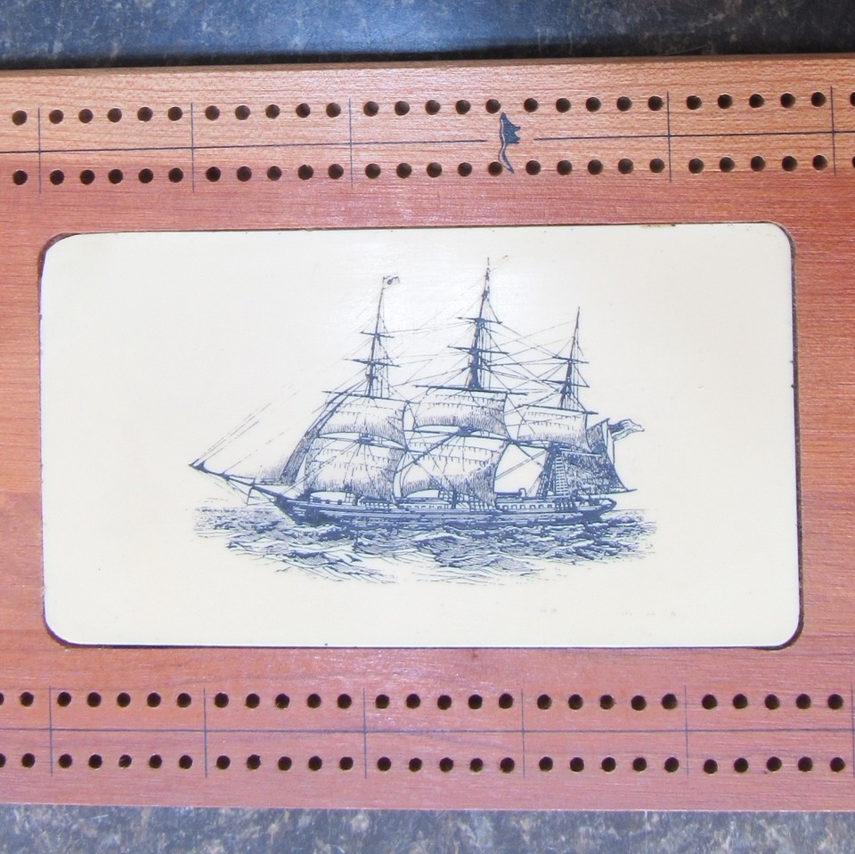 Wood Cribbage Board Game Featuring A Scrimshaw Sailing Ship | eBay