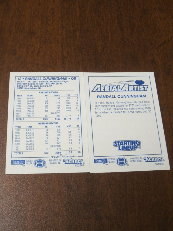 RANDALL CUNNINGHAM 1993 KENNER STARTING LINEUP CARDS - PHILADELPHIA ...